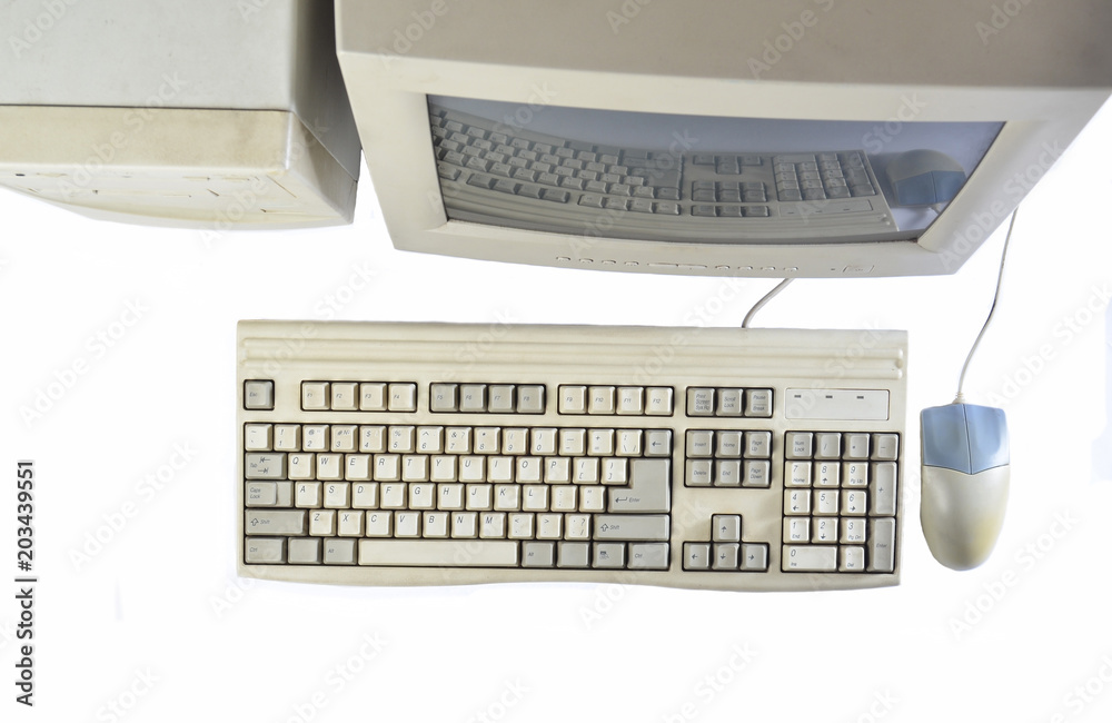 Retro stationary computer isolated on white background Monitor, system ...