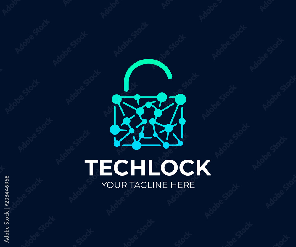 Padlock and network chain logo template. Open lock and circuit vector ...