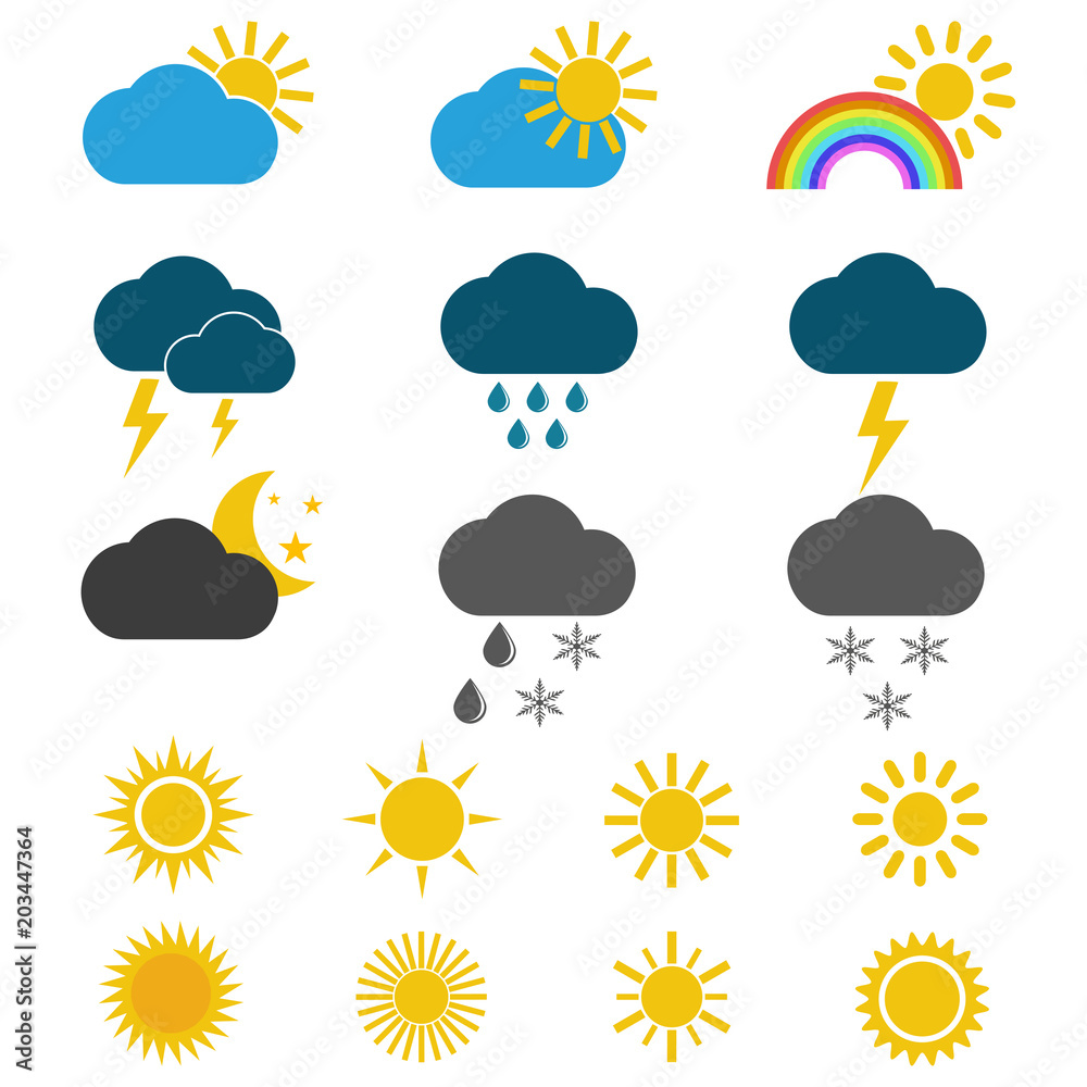 Weather icons on the white background.WEATHER FORECAST: Flat icons ...