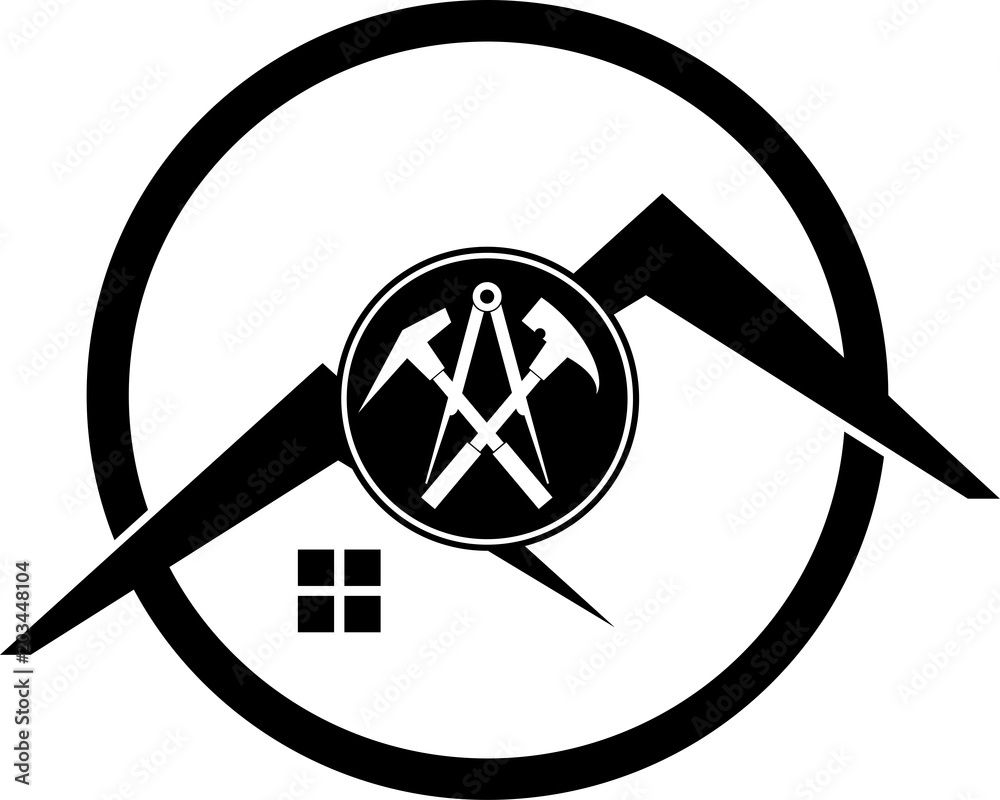 Werkzeuge und Zwei Dächer, Aufkleber, Label, Dachdecker Logo Stock ...