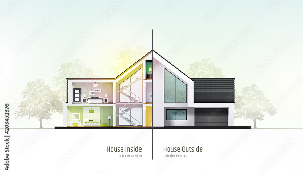 House in cross-section. Modern house, villa, cottage, townhouse with ...