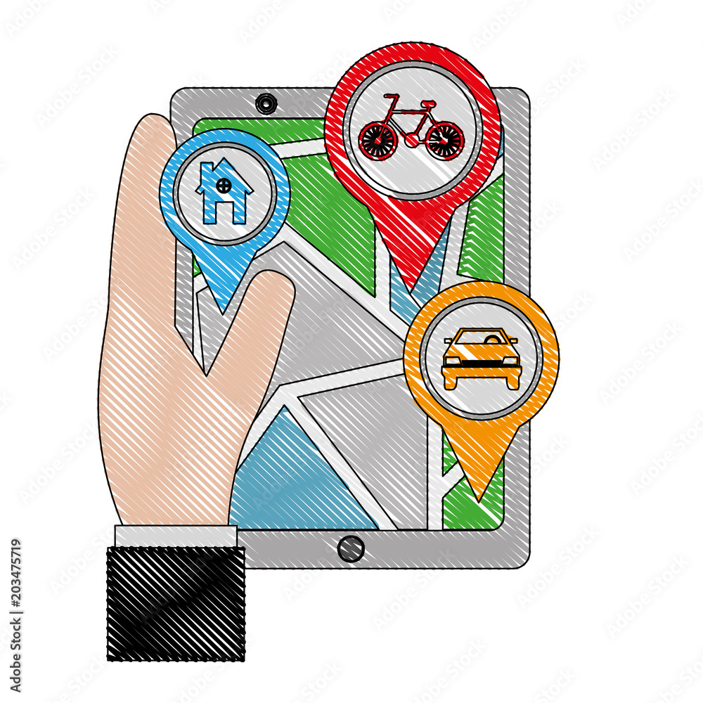 hand holds mobile gps map navigation pins home bike and car vector ...