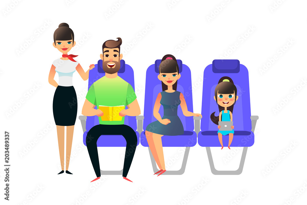 Happy cartoon family travel. Travelling people passengers and on board ...