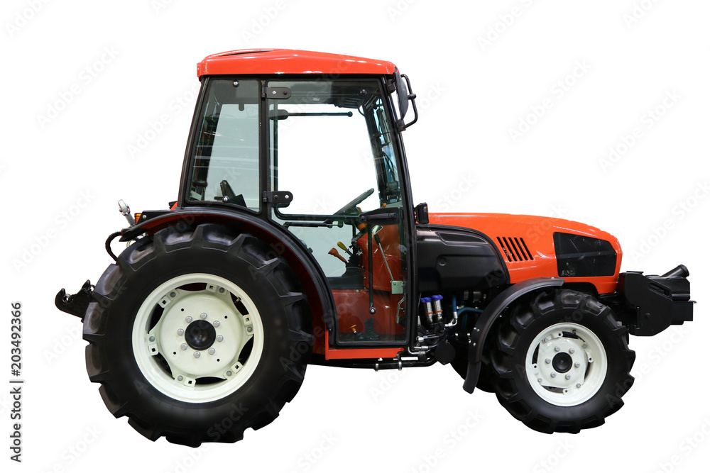 Red tractor. Side view. Isolated on white. Stock Photo | Adobe Stock