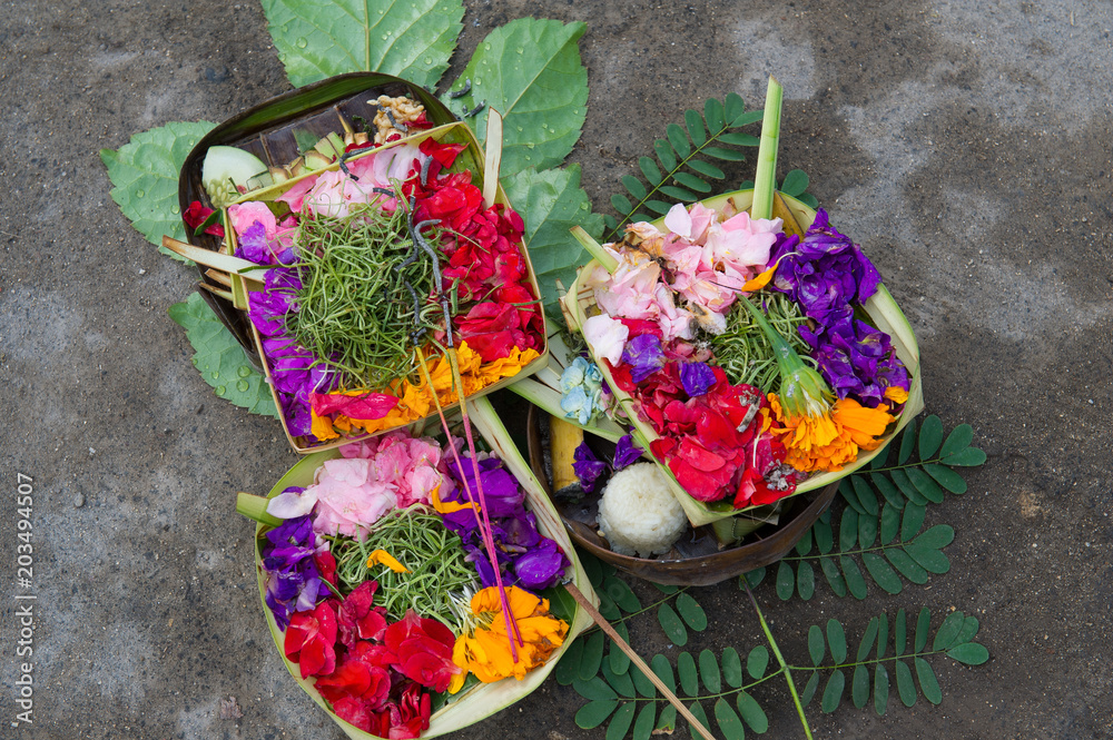 Daily offering and incense to Hindu Gods, Bali, Indonesia Stock Photo ...
