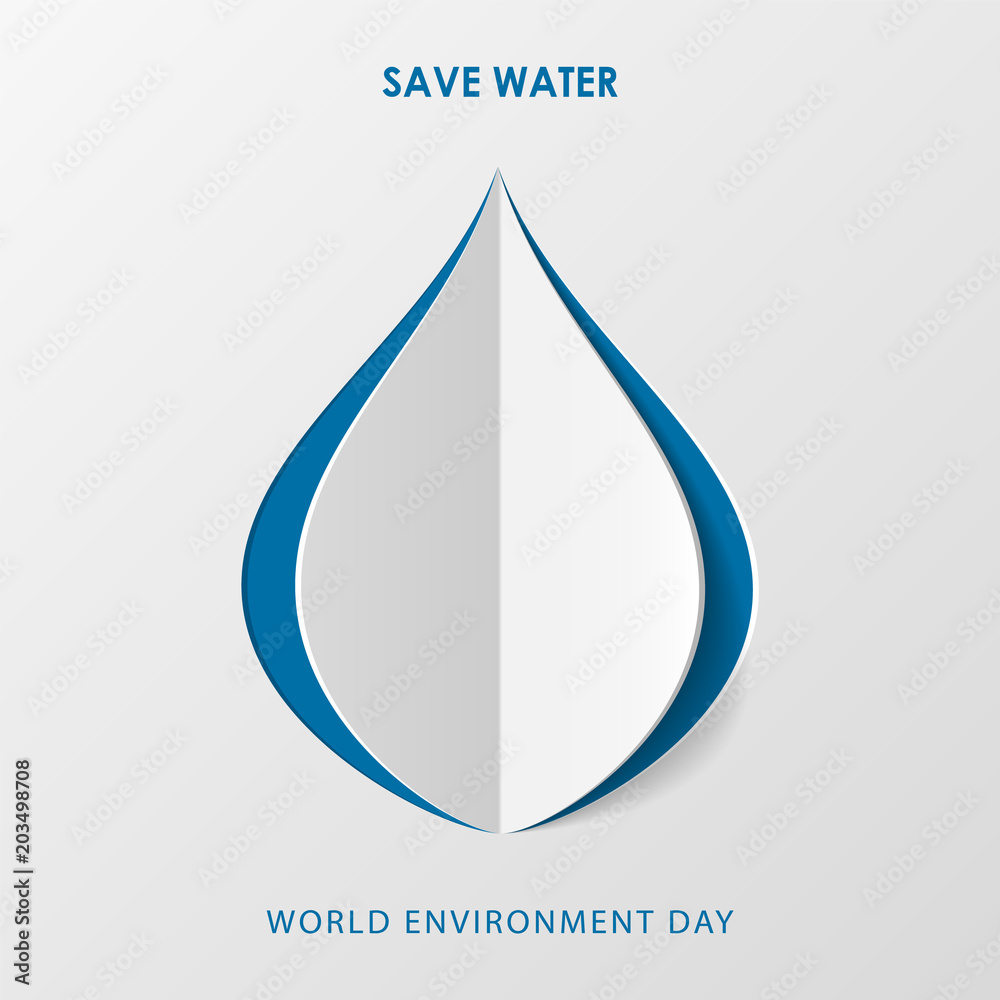 Paper cutout blue drop. World Environment Day June 5. Ecology, environment, nature protection ...