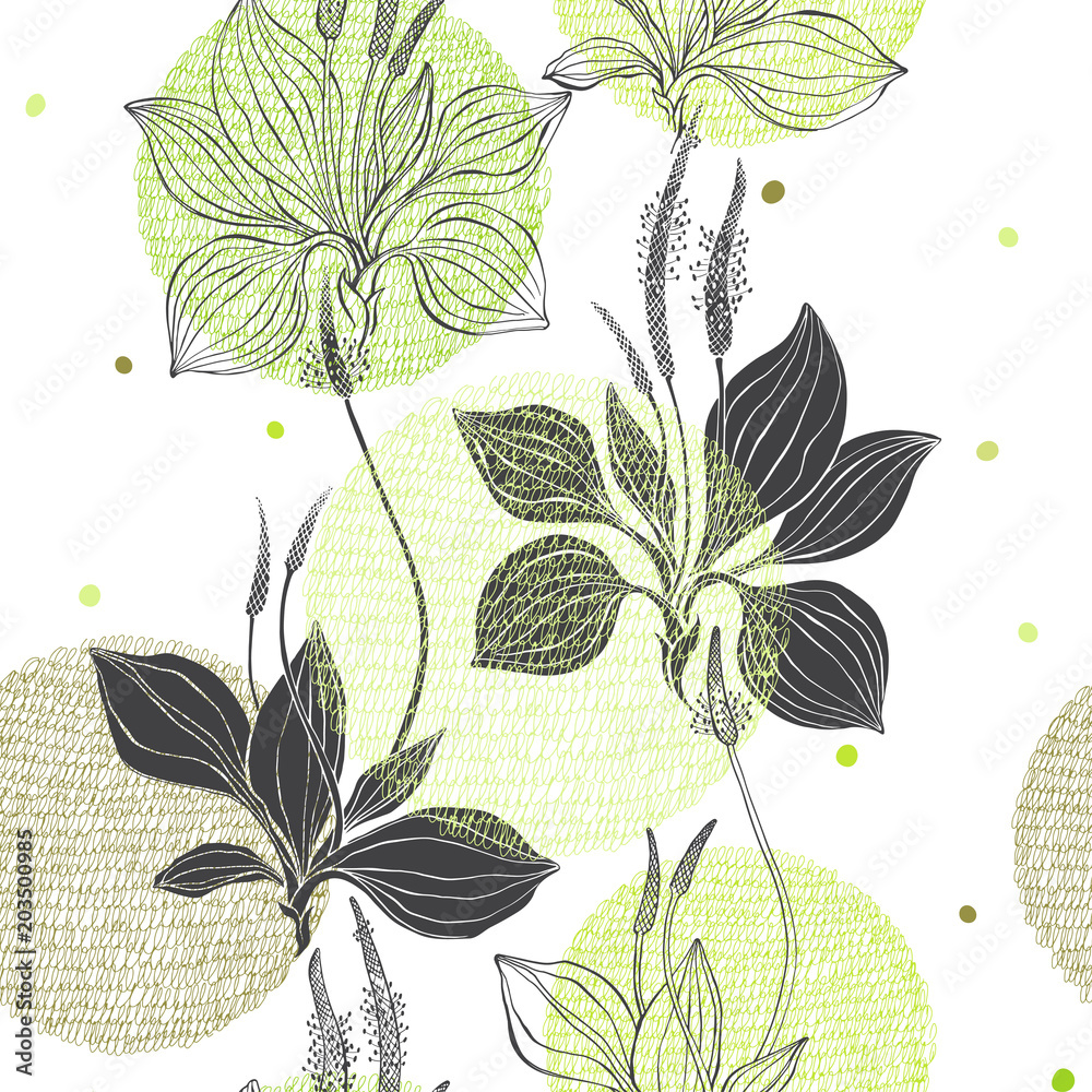 Seamless pattern with plantain and hand-drawn texture circles. Vector ...