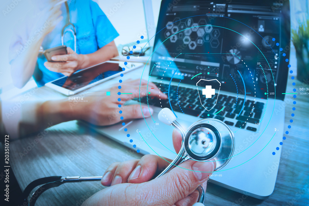 Medicine doctor hand working with modern computer and digital pro ...