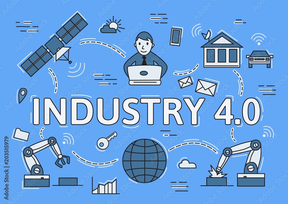 Industry 4.0 explaind. Concept flat vector illustration on blue ...