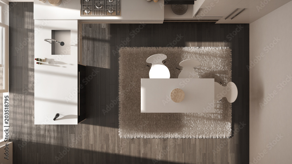 Top view, modern minimalistic wooden kitchen with dining table and ...