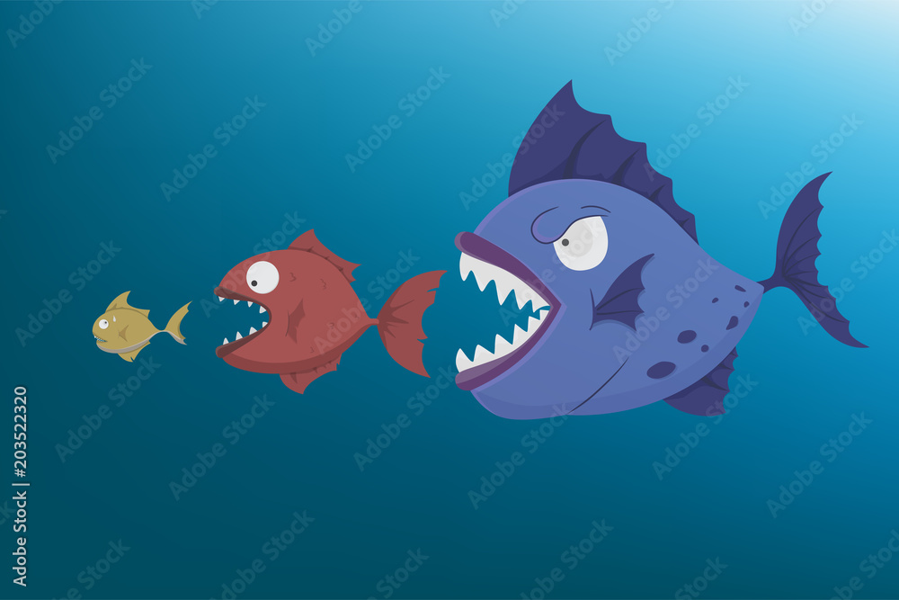 Big fish eat small fish.Vector cartoon illustration fact of natural ...