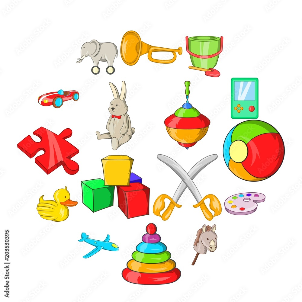 Toys icons set in cartoon style isolated on white background Stock ...