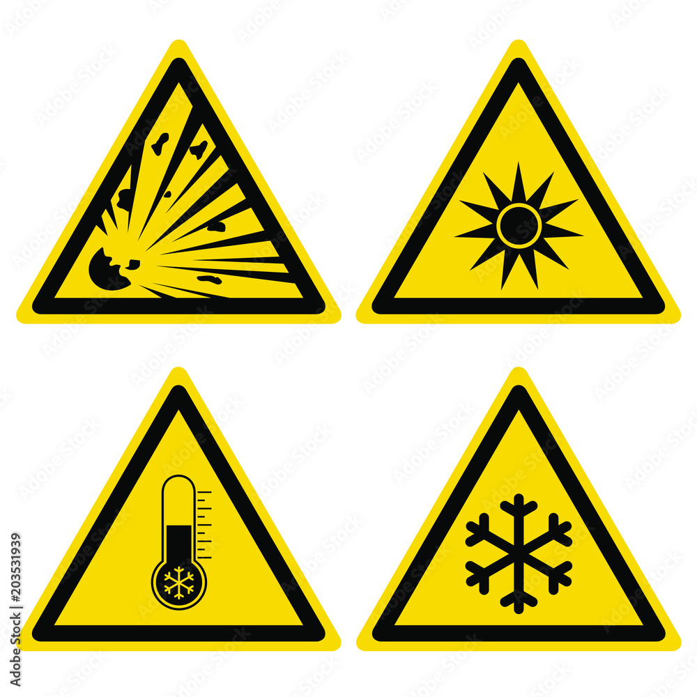 Hazard warning set triangular yellow icons. Isolated symbols on white ...