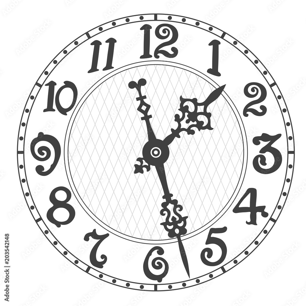 Elegant clock face and clock hands with tick marks placed on a white ...