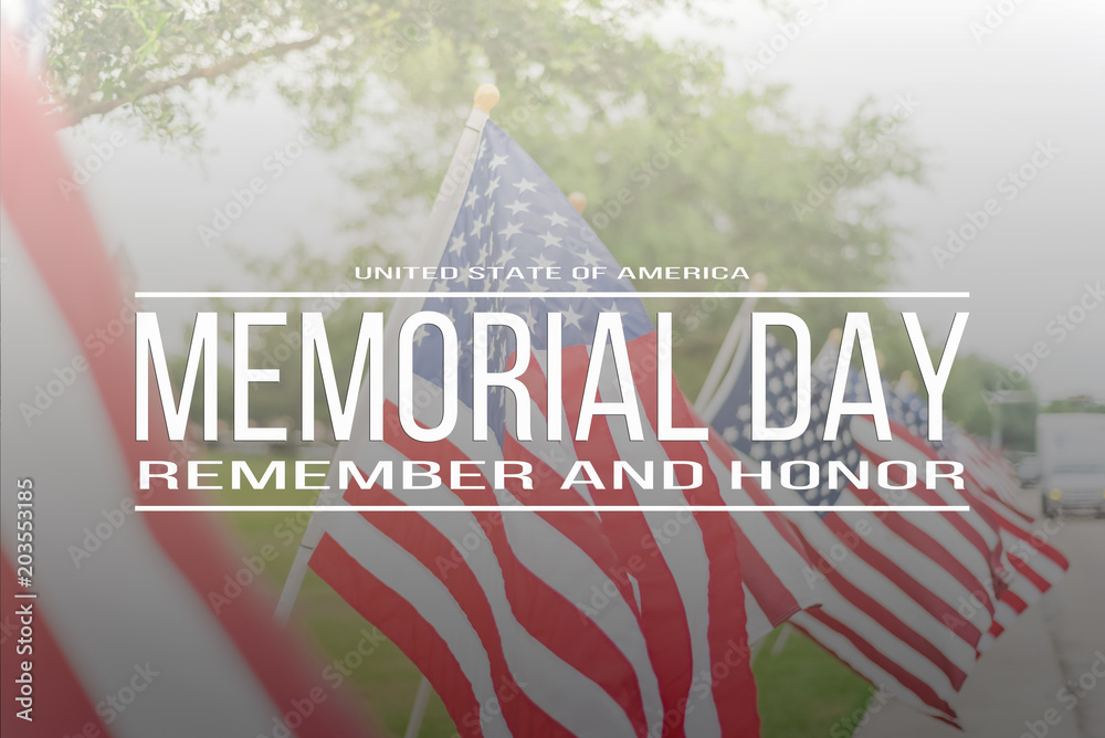 Text Memorial Day remember and honor on long row of lawn American Flags ...