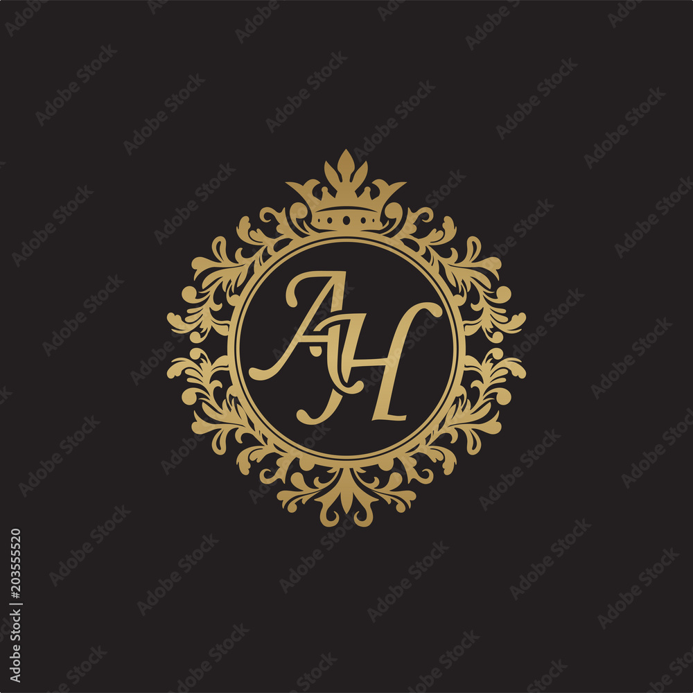 Initial letter AH, overlapping monogram logo, decorative ornament badge ...