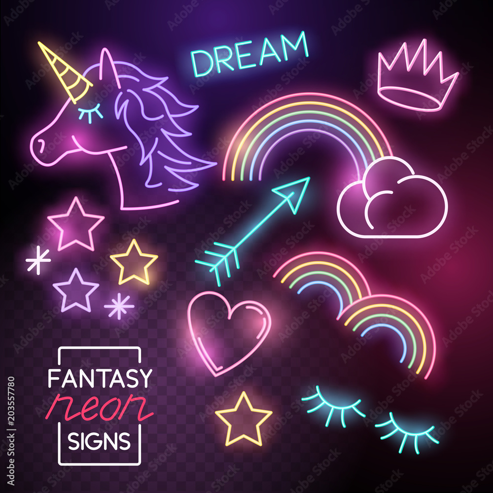 Fantasy Neon lights set including unicorns and rainbows. Vector ...