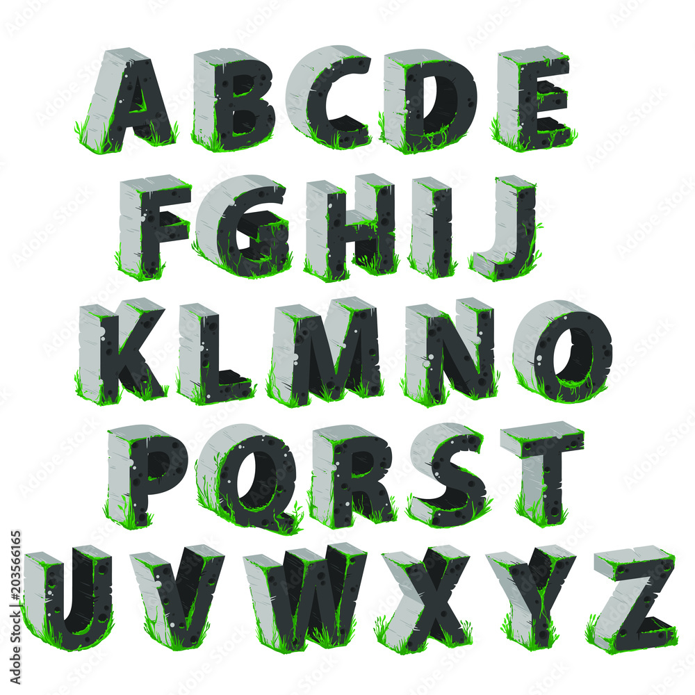 Rock and stone alphabet font with grass, vector realistic word letters ...