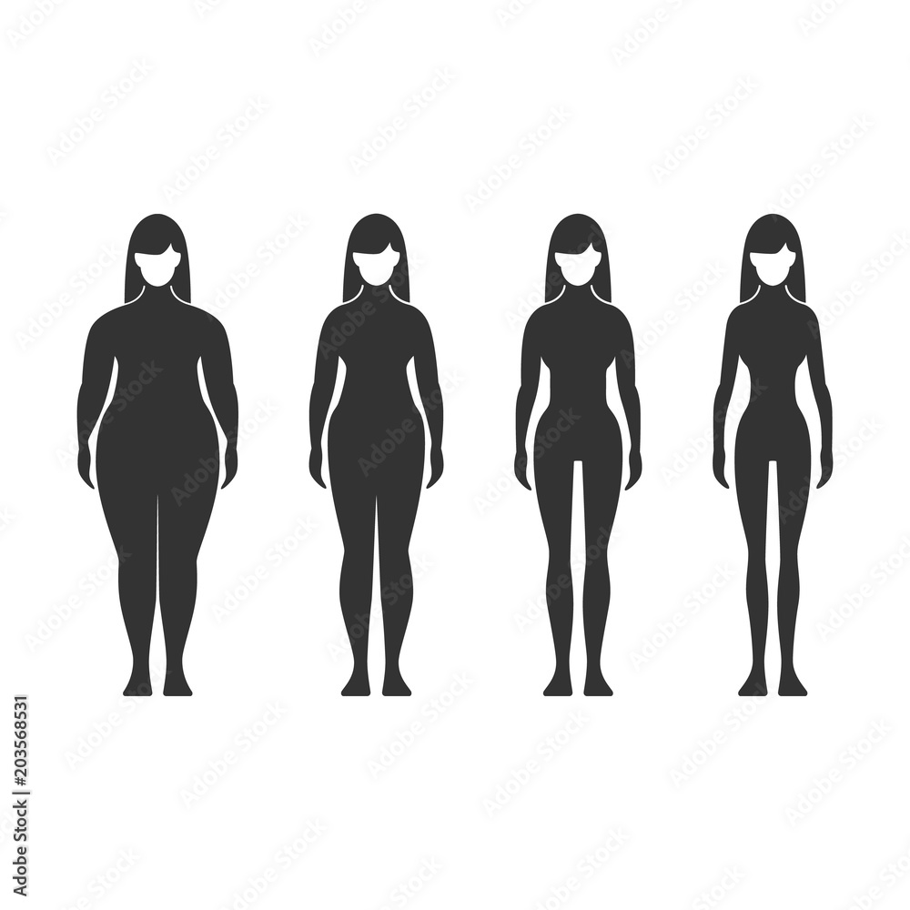 Vector image set girl slimming.Fat and slim girl. Female body before ...