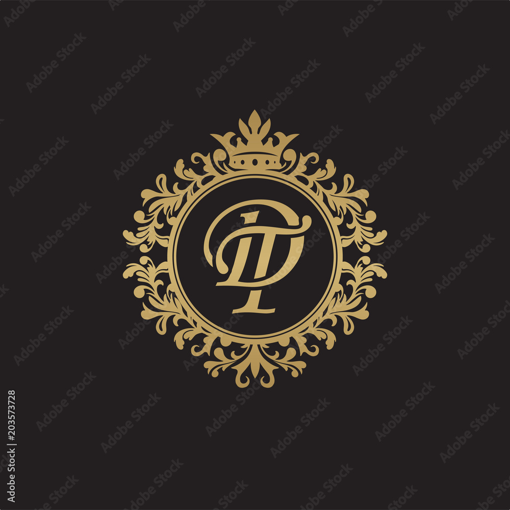 Initial letter DT, overlapping monogram logo, decorative ornament badge ...