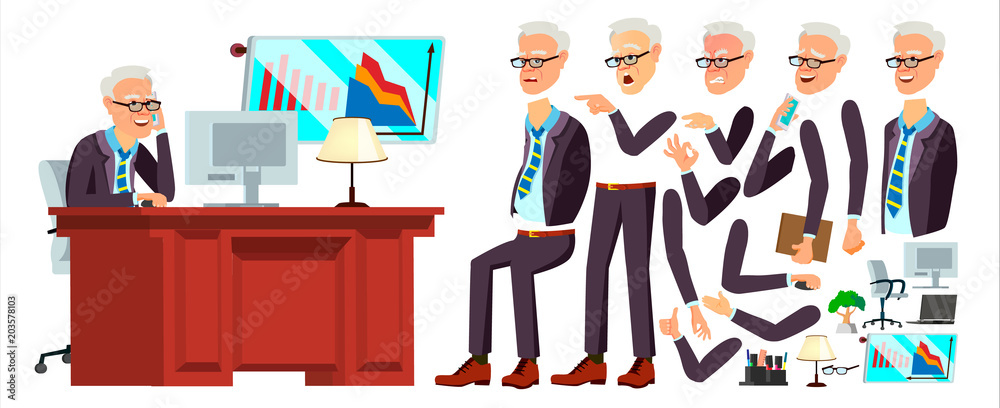 Old Office Worker Vector. Face Emotions, Various Gestures. Animation ...