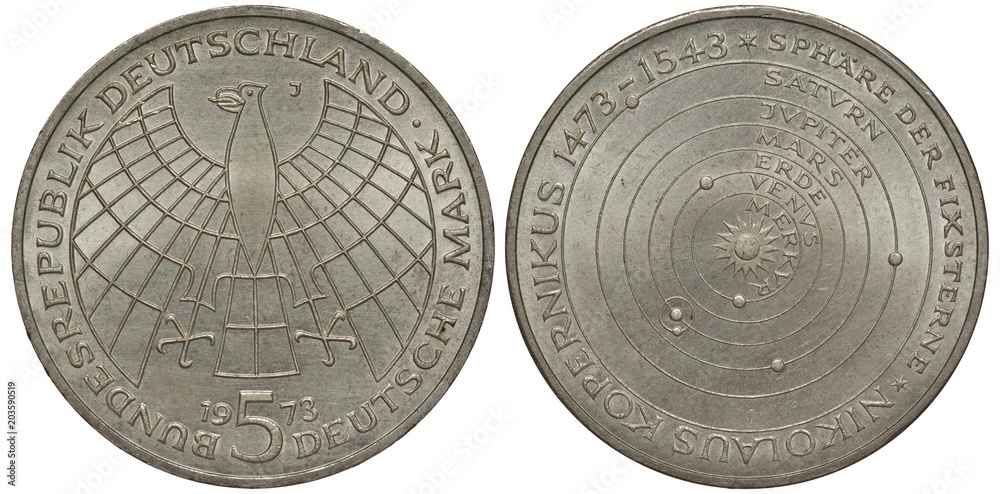 Germany, German coin five mark 1973, stylized German eagle over ...
