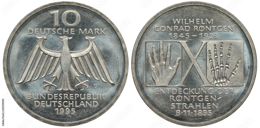 Germany, German coin ten mark 1995, German eagle under denomination ...