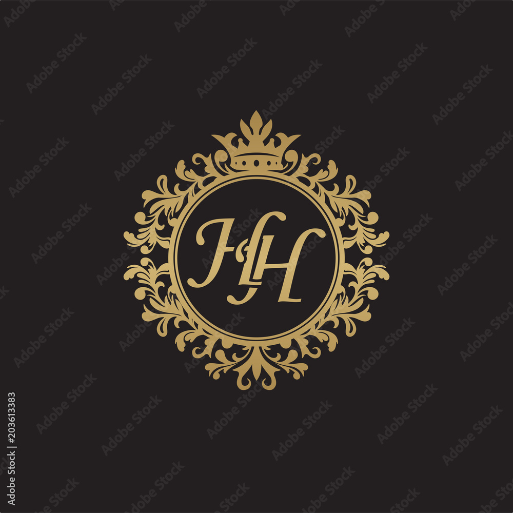 Initial letter HH, overlapping monogram logo, decorative ornament badge, elegant luxury golden ...