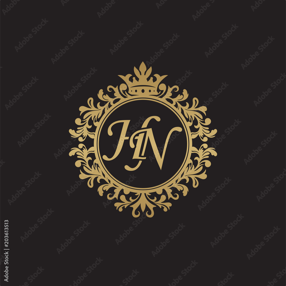 Initial letter HN, overlapping monogram logo, decorative ornament badge ...