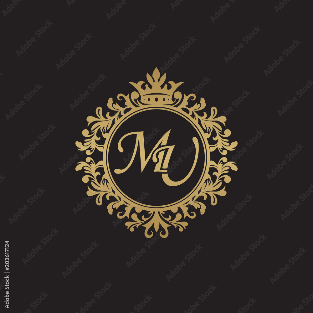 Initial letter MU, overlapping monogram logo, decorative ornament badge ...