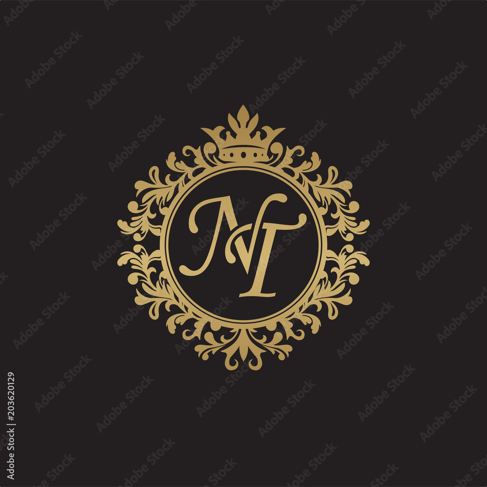 Initial letter NT, overlapping monogram logo, decorative ornament badge ...