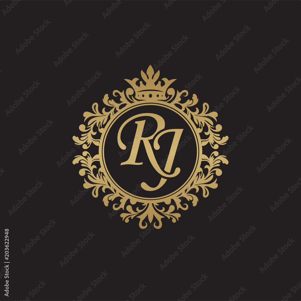 Initial letter RJ, overlapping monogram logo, decorative ornament badge ...