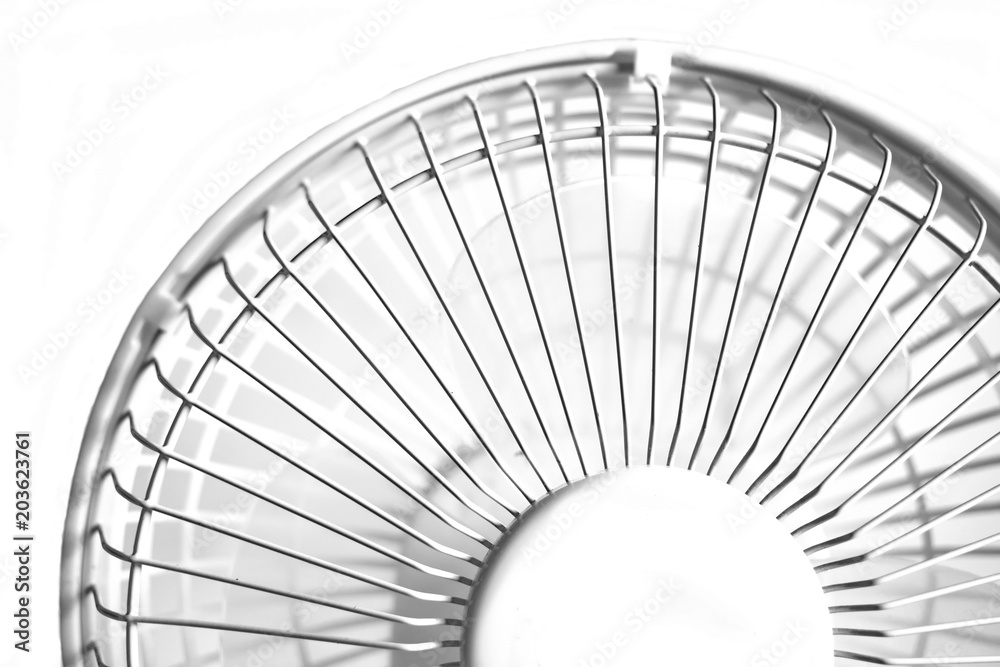 Part white desktop office fan with propeller blades of transparent ...