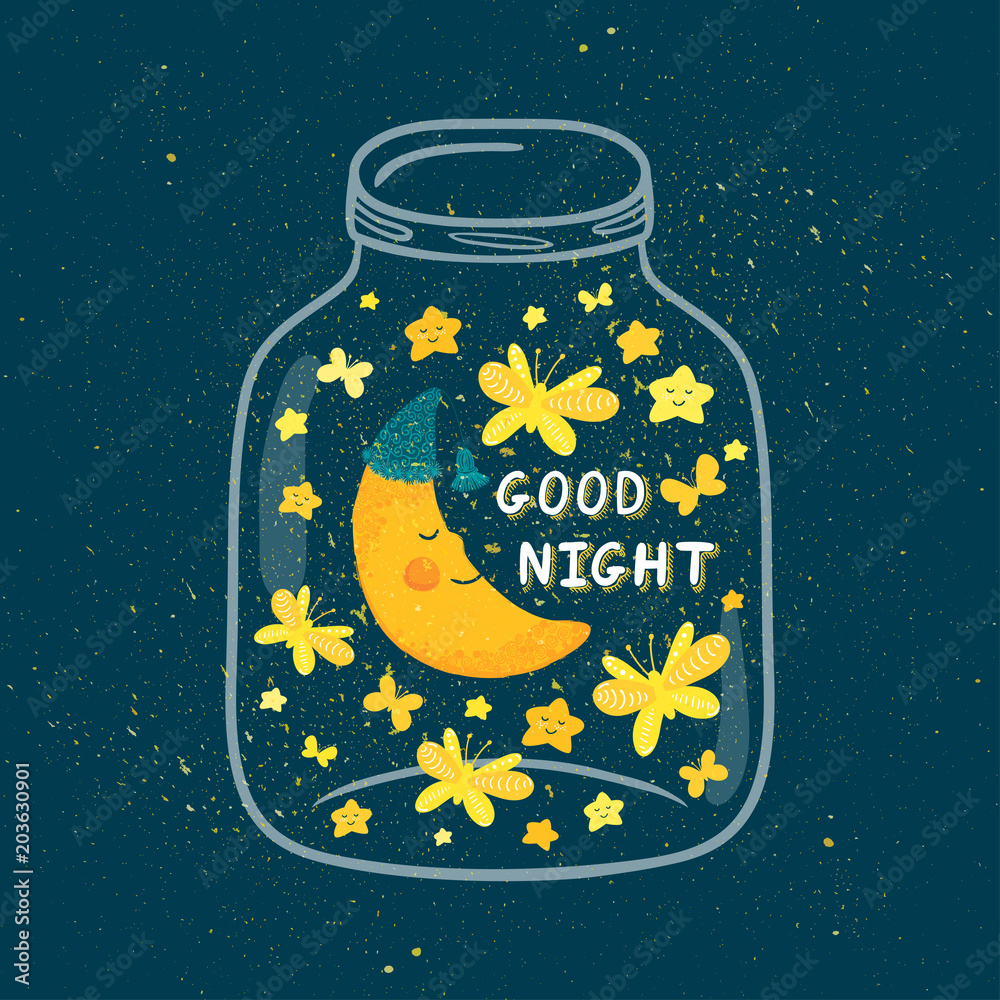 Vector illustration of jar with sleepig smiling moon in the nightcap ...
