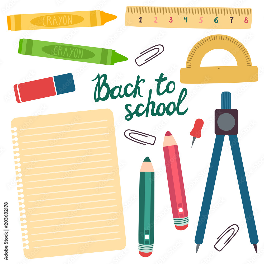 Vector set of school supplies isolated on white: note page, pencils ...