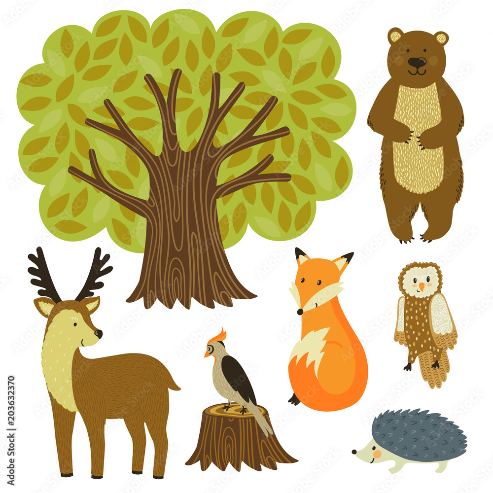 Forest animals are isolated on white. Set of tree and wild animals ...
