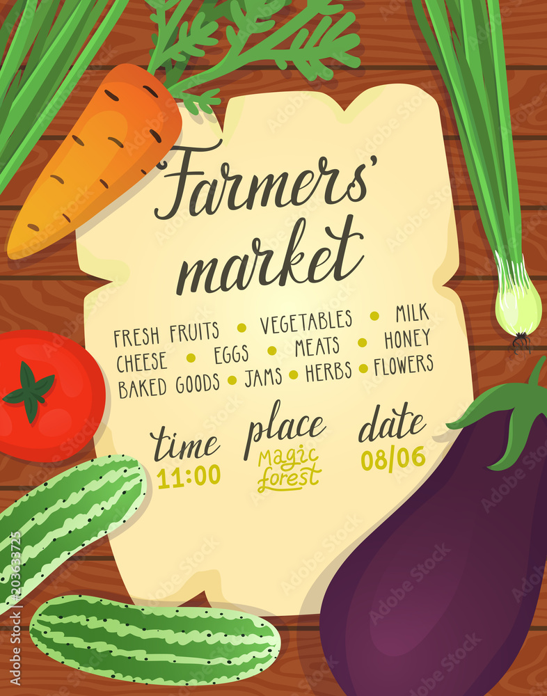 Vector background with wooden table, fresh vegetables and hand written ...