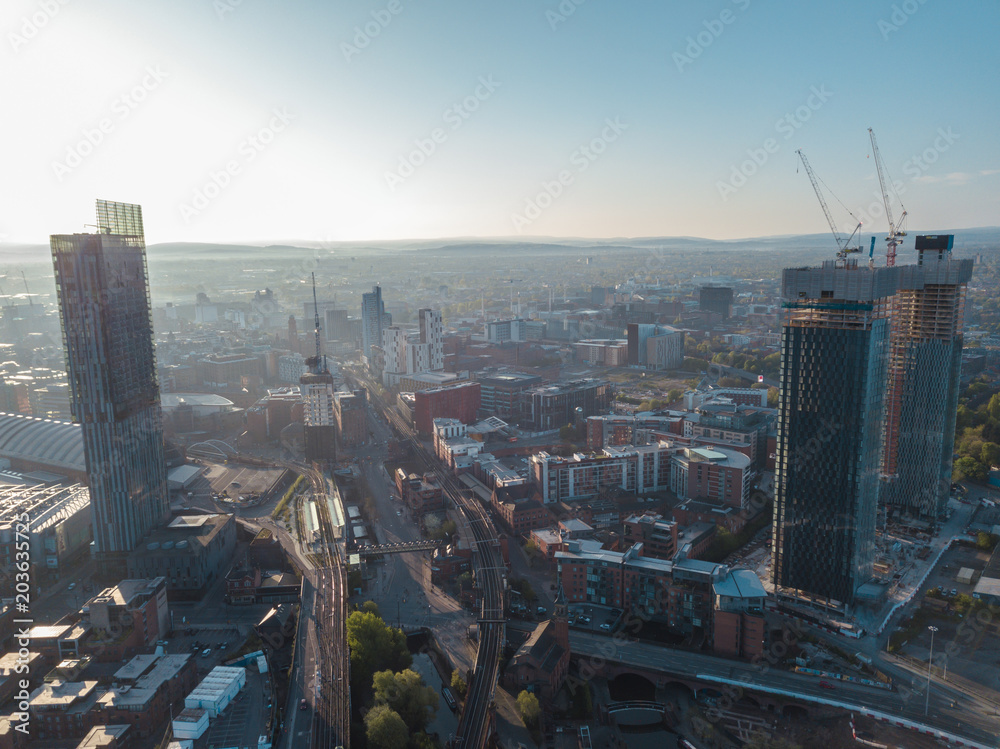 Manchester City Centre Drone Aerial View Above Building Work Skyline ...