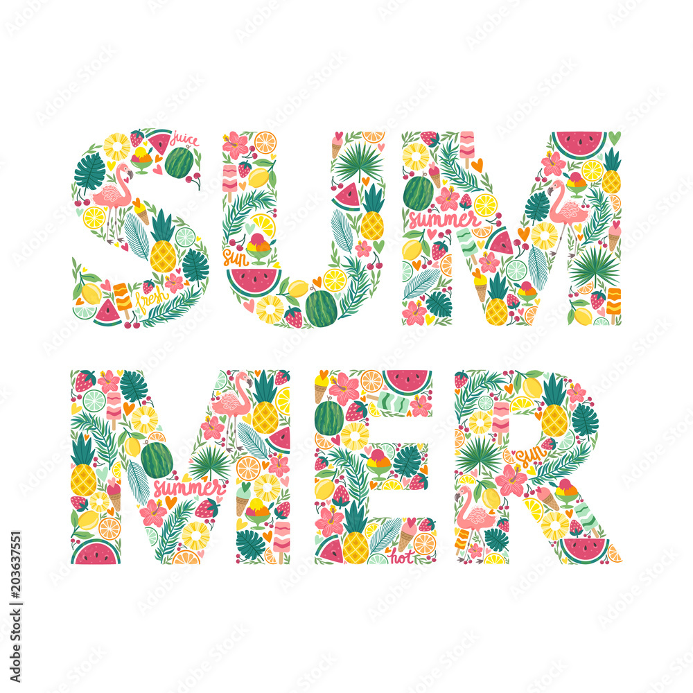 Vector illustration with word "Summer" made from hand drawing elements ...