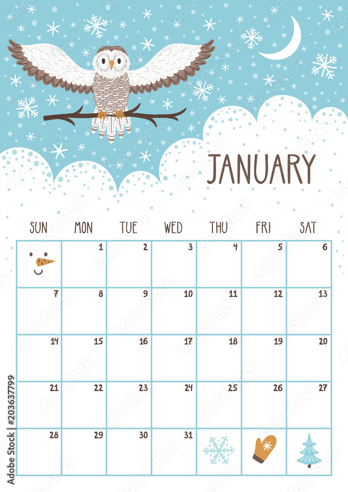 Vector monthly calendar with cute owl. January 2018. Planning design ...