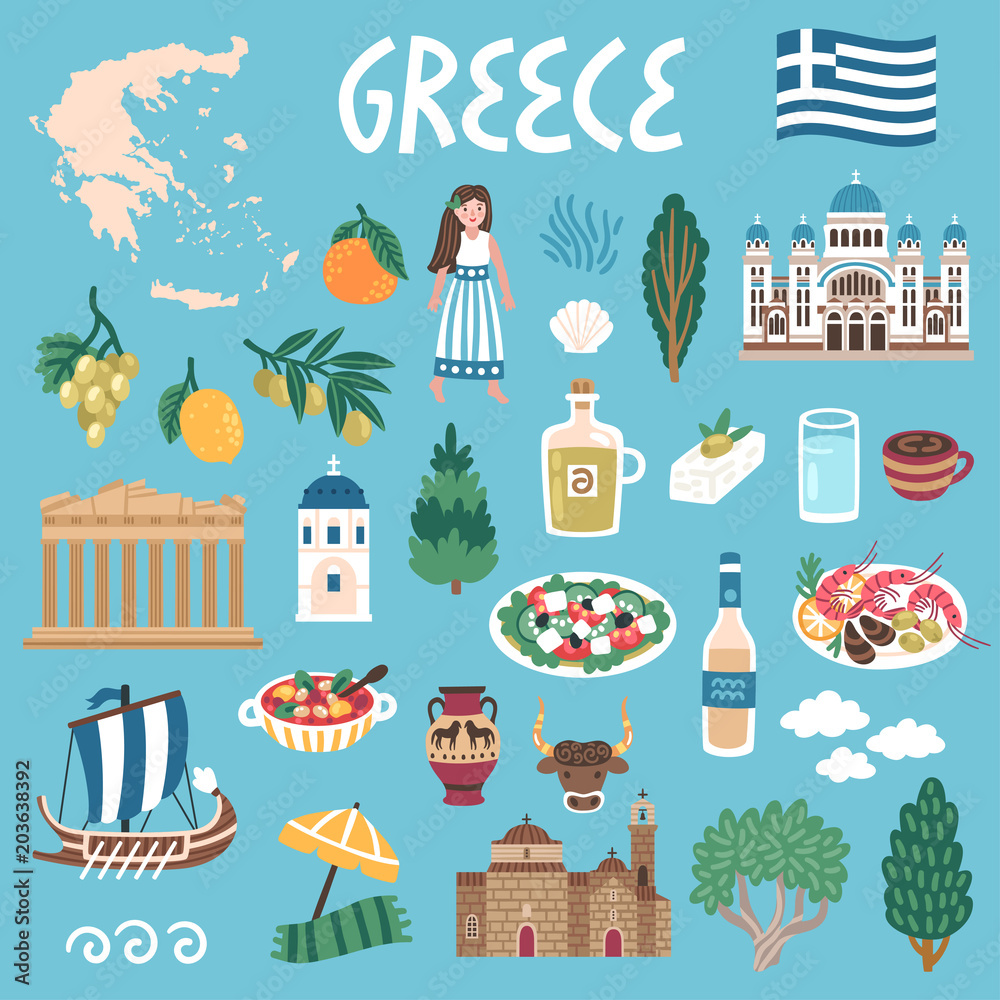 Vector Icon Set Of Greece s Symbols Travel Illustration With Greek vector-icon-set-of-greece-s-symbols-travel-illustration-with-greek