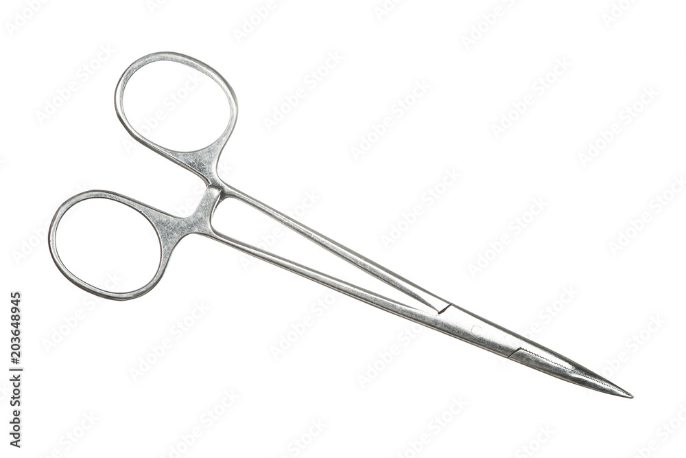 Pean's clamp close-up on white background. Isolated image of surgical ...