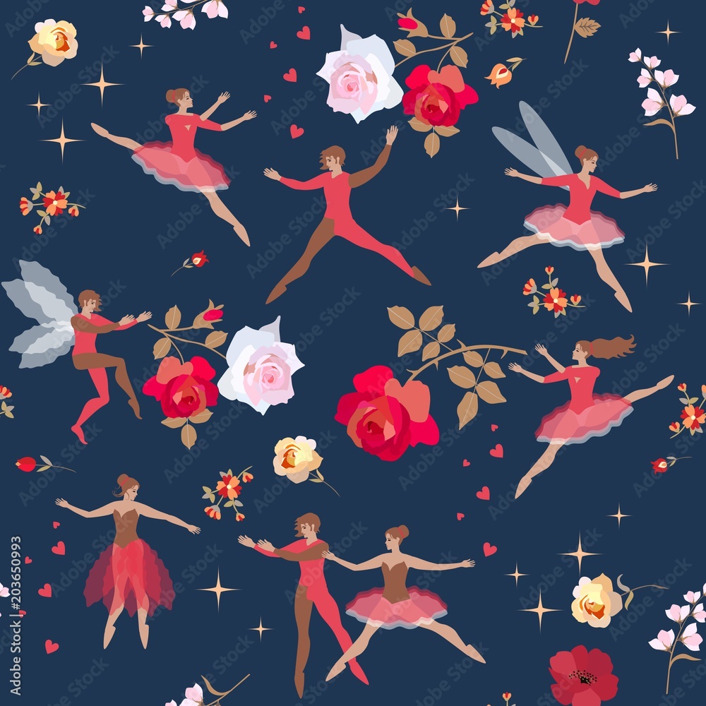 Seamless pattern with ballet dancers, elf and fairy on beautiful floral ...