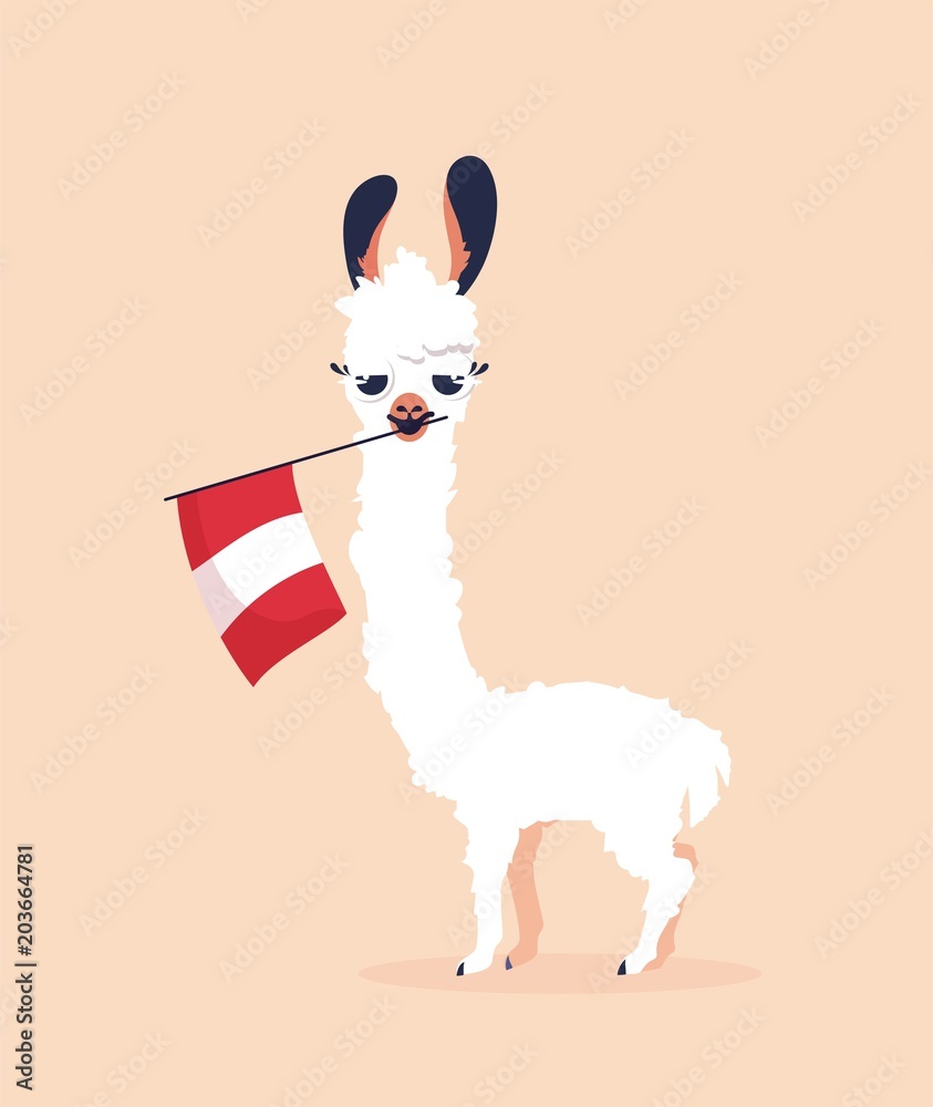 Cute cartoon lama with flag of Peru on pink background. Vector ...