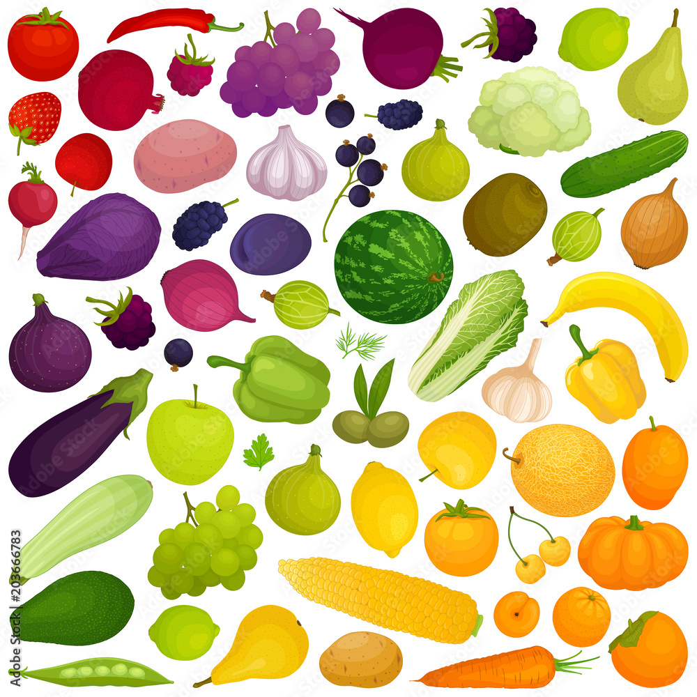 Vivid gradient from vegetables and fruits. Vector rainbow of food ...
