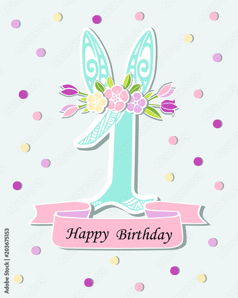 Vector illustration with number One, Bunny ears and floral wreath ...