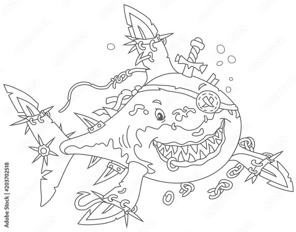 Perfidiously smiling Great White Shark Pirate with fins sabers ...