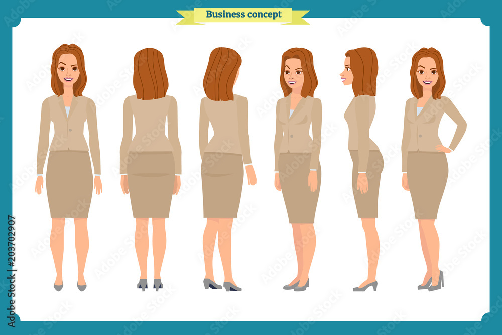 Set of Businesswoman character design.Front, side, back.Business girl ...