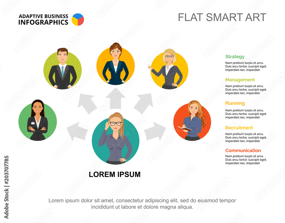 Five workers company process chart template. Business data. Abstract ...