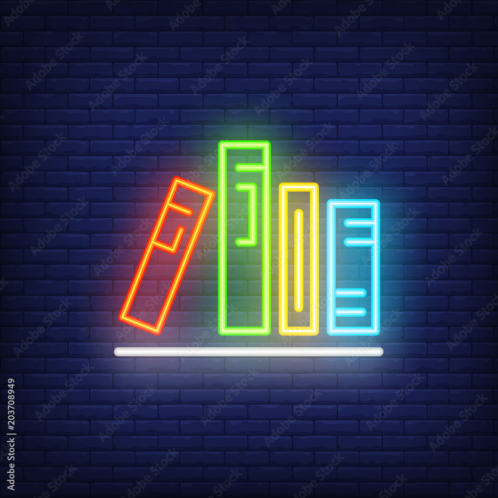 Books on shelf neon sign. Various colorful in row on shelf. Night ...